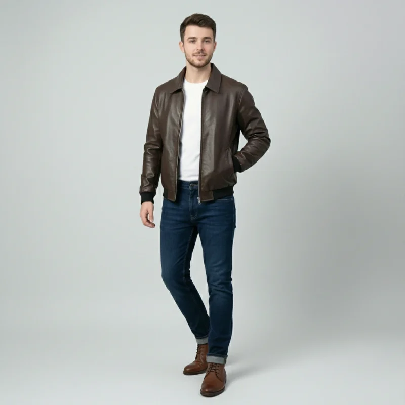 DK Brown Faux Leather Bomber Jacket – Coder Stitch