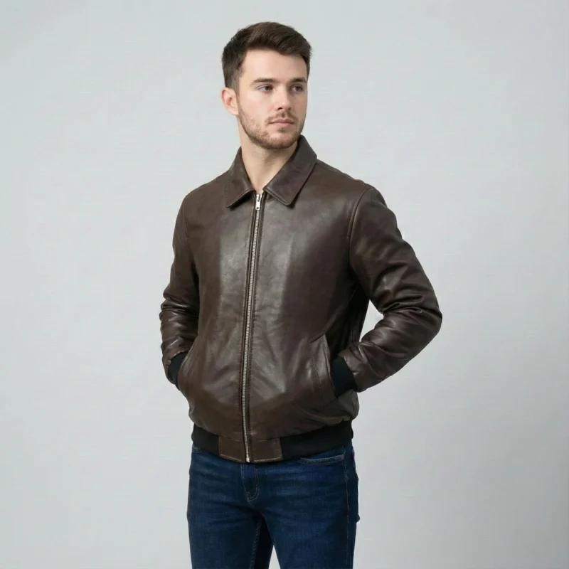 DK Brown Faux Leather Bomber Jacket – Coder Stitch